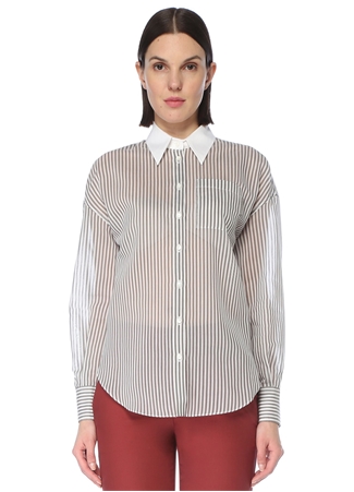 Brunello Cucinelli Kadın Gri Beyaz Çizgili Gömlek L EU