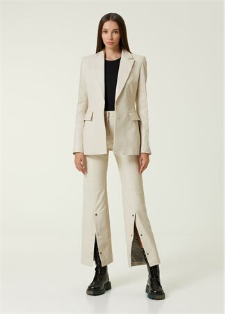 Off-White Kadın Bej Paça Detaylı Deri Pantolon 38 IT