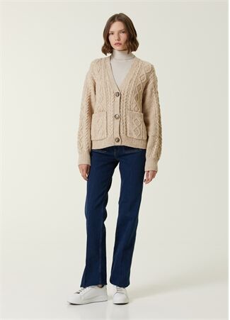 Polo Ralph Lauren Kadın Krem V Yaka Saç Örgü Hırka Bej S EU