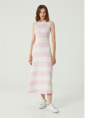 Polo Ralph Lauren Kadın Pembe Beyaz Şeritli Midi Elbise XS EU