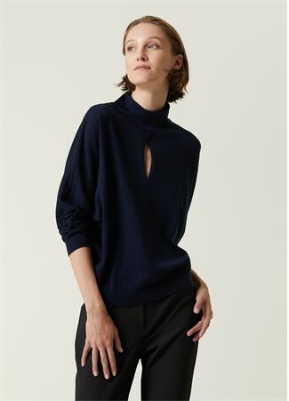 Beymen Collection Kadın Lacivert Dik Yaka Kesim Detaylı Yün Kazak S