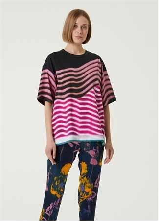 Dries Van Noten Kadın Pembe Bisiklet Yaka Çizgili T-shirt XS EU