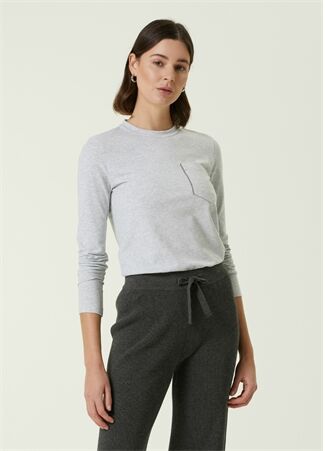 Brunello Cucinelli Kadın Gri Cep Detaylı Uzun Kol T-shirt S EU