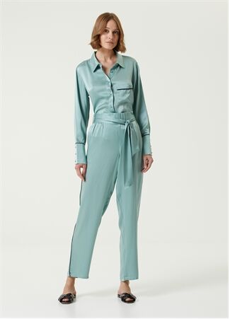 House of Silk Kadın Lila Yeşil Beli Kuşaklı İpek Pijama Altı S EU