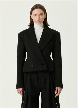 Bottega Veneta Kadın Siyah Crop Kruvaze Ceket 40 IT