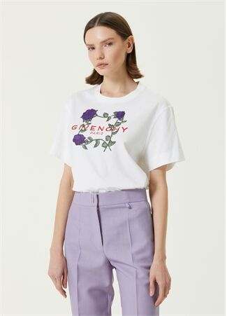 Givenchy Kadın Beyaz Bisiklet Yaka Çiçekli Logolu T-shirt S EU