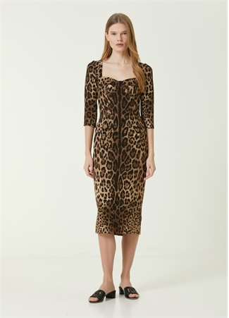 Dolce&Gabbana Kadın Kalp Yaka Leopar Desenli Midi Elbise Kahverengi 40 IT Dolce&Gabbana Kadın Kalp Yaka Leopar Desenli Midi Elbise Kahverengi 40 IT