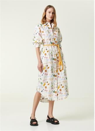 Alemais Kadın Beyaz Desenli Midi Gömlek Elbise 8 US