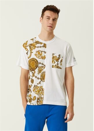 Versace Jeans Couture Erkek Beyaz Gold Barok Desenli Cepli T-shirt XL EU