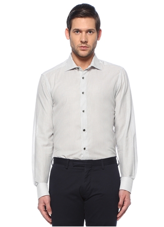 Pal Zileri Erkek Gri İngiliz Yaka Çizgili Gömlek 40 IT