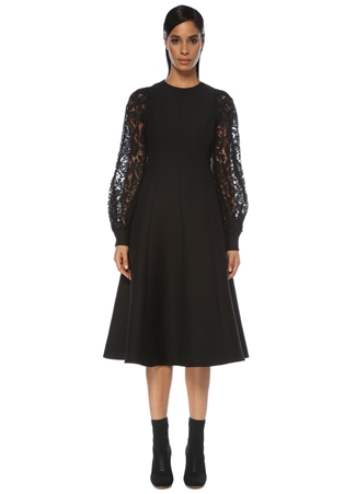 Valentino Kadın Siyah Kolu Dantel Garnili Midi Yün Elbise 40 IT