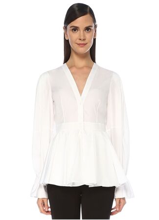 Alexander McQueen Kadın Beyaz V Yaka Peplum Detaylı Gömlek Bej 40 IT