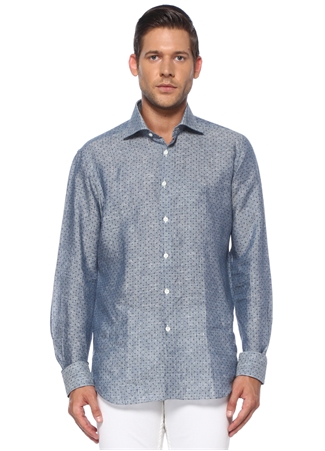 Pal Zileri Erkek Mavi Mikro Desenli İngiliz Yaka Keten Gömlek 38 IT