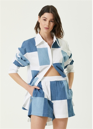 Cekette Kadın Oversize Ekru Mavi Patchwork Gömlek S EU Cekette Kadın Oversize Ekru Mavi Patchwork Gömlek S EU