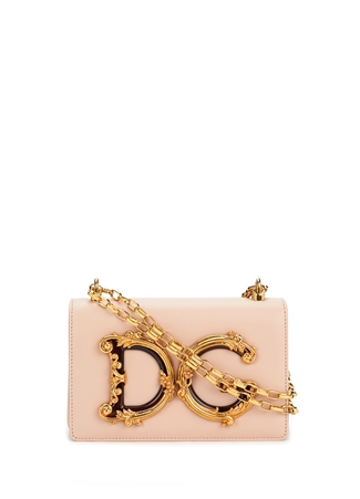 Dolce&Gabbana Kadın Altın Rengi Logolu Deri Omuz Çantası Pembe EU