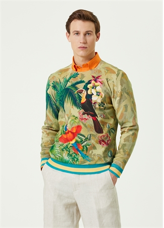 Etro Erkek Yeşil Bisiklet Yaka Tropikal Desenli Kazak L EU