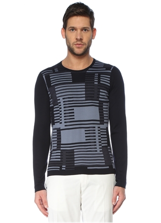 Pal Zileri Erkek Lacivert Bisiklet Yaka Desenli Yün Kazak 46 IT