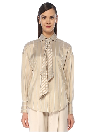 Brunello Cucinelli Kadın Bej Yakası Bağcıklı Çizgili İpek Saten Gömlek XS EU