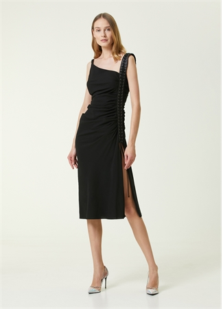 Dolce&Gabbana Kadın Siyah Asimetrik Bant Detaylı Midi Elbise 38 IT