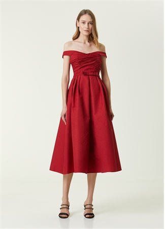 Self Portrait Kadın Kırmızı Düşük Omuzlu Midi Kokteyl Elbise 0 US
