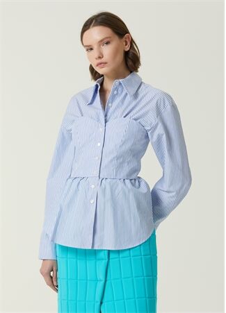A.w.a.k.e. Mode Kadın Mavi Çizgili Büstiyer Detaylı Gömlek 36 IT