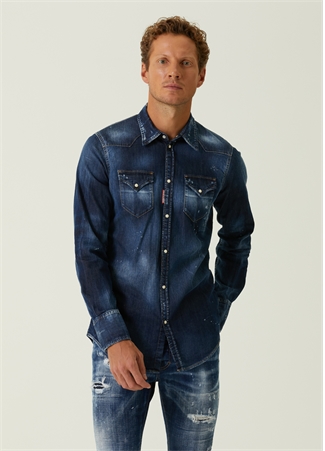 Dsquared2 Erkek Lacivert İngiliz Yaka Yıpratmalı Jean Gömlek 46 IT Dsquared2 Erkek Lacivert İngiliz Yaka Yıpratmalı Jean Gömlek 46 IT