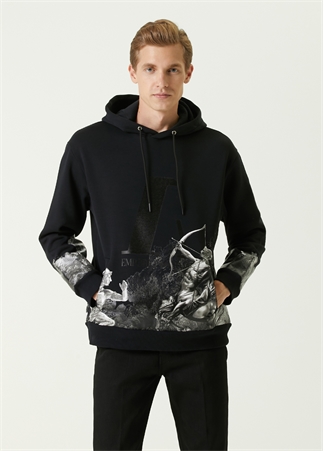 Emporio Armani Erkek Siyah Kapüşonlu Sürreal Desenli Sweatshirt S Eu