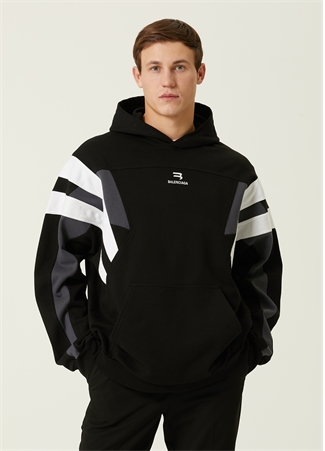 Balenciaga Erkek Siyah Kapüşonlu Kolları Şeritli Sweatshirt 2 US Balenciaga Erkek Siyah Kapüşonlu Kolları Şeritli Sweatshirt 2 US