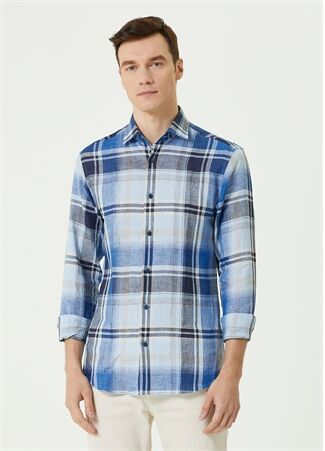 Z Zegna Erkek Lacivert Ekoseli Keten Gömlek L It Z Zegna Erkek Lacivert Ekoseli Keten Gömlek L It