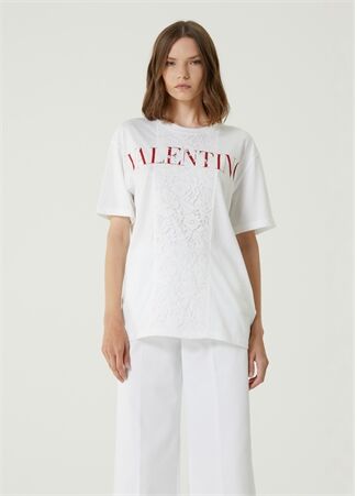 Valentino Kadın Beyaz Logolu Dantel Garnili T-shirt Kırmızı S EU