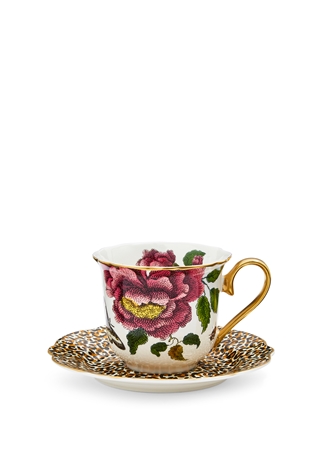 Spode Leoparlı Çiçek Desenli Tabaklı Çay Fincanı Takımı Çok Renkli