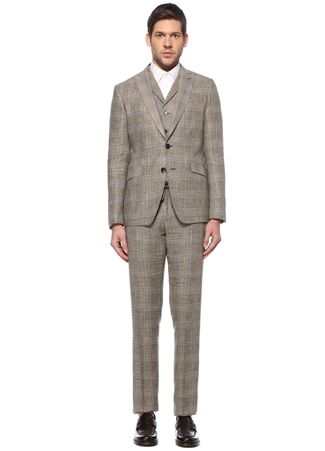 Etro Erkek Bej Ekose Desenli Yelekli Yün Takım Elbise 46 IT