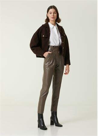 Mybestfriends Kadın Coreen Vizon Yüksek Bel Suni Deri Pantolon Bej XS EU