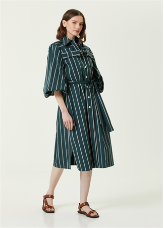 Dice Kayek Kadın Yeşil Çizgili Cep Detaylı Midi Gömlek Elbise 42 EU