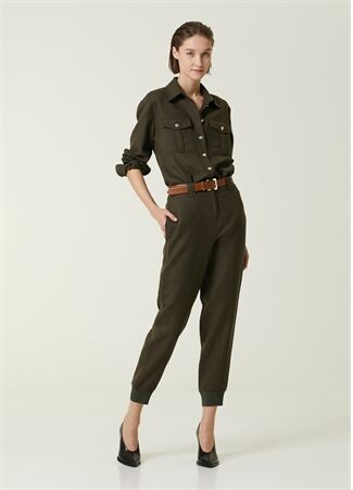 Beymen Collection Kadın Haki Paçası Ribanalı Yün Flanel Pantolon 42