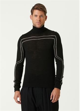 Rick Owens Erkek Siyah Balıkçı Yaka Kontrast Dikişli Yün Kazak L EU