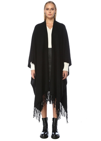 Academia Kadın Siyah Püskül Detaylı Yün Panço EU