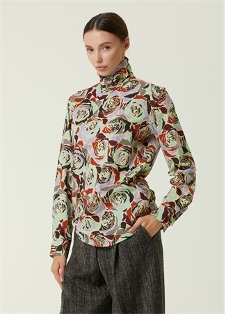 Dries Van Noten Kadın Colorblocked Çiçek Desenli Dik Yaka Bluz 38 IT