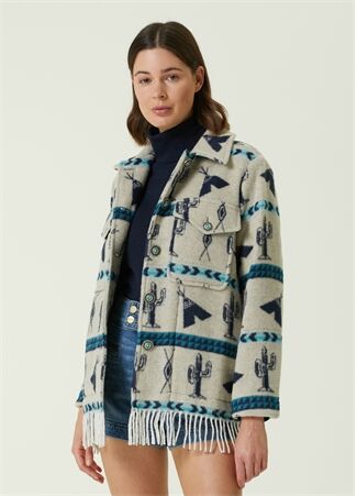 Frontstreet 8 Kadın Beyaz Etnik Desenli Püsküllü Ceket 42 IT