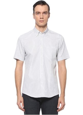 Pal Zileri Erkek Beyaz Polo Yaka Çizgi Desenli Kısa Kollu Gömlek 38 IT