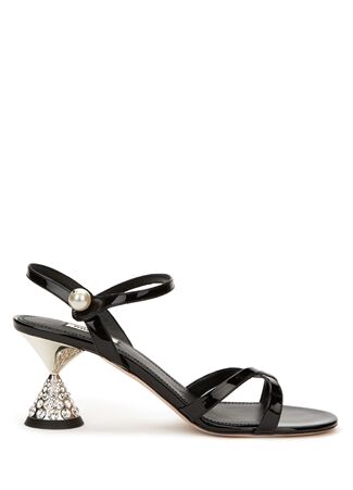 Miu Kadın Siyah Topuğu Taşlı Deri Sandalet 36 EU