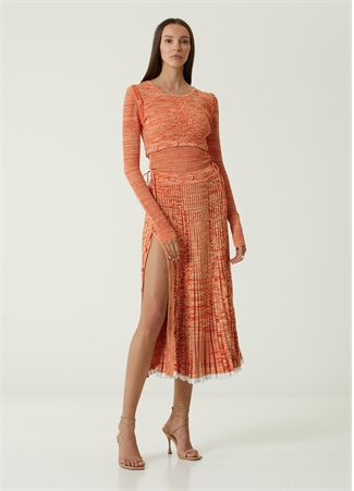 Christopher Esber Kadın Turuncu Pilili Düğme Detaylı Midi Triko Elbise S EU