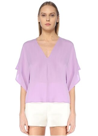 Valentino Kadın Lila V Yaka Kolu Volanlı İpek Bluz Mor 40 IT