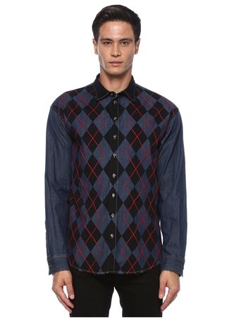 Dsquared2 Erkek Geometrik Desenli Denim Gömlek Mavi 48 IT