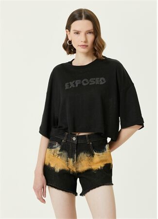 Academia Kadın Siyah Bisiklet Yaka Baskılı Keten T-shirt Xs Eu