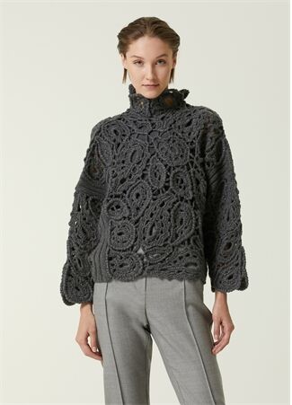 Brunello Cucinelli Kadın Antrasit Dik Yaka Kaşmir Kazak Gri S EU