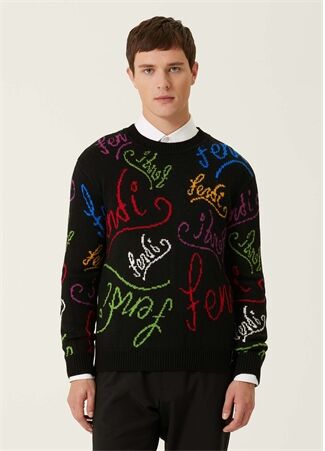 Fendi Erkek Siyah Logo Jakarlı Yün Kazak 52 IT