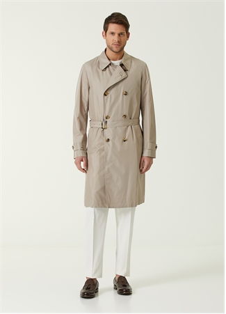 Pal Zileri Erkek Bej Polo Yaka Beli Kemerli İpek Pardösü Kahverengi 50 IT