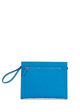 Salvatore Ferragamo Erkek Mavi Logo Dokulu Deri El Portföyü EU