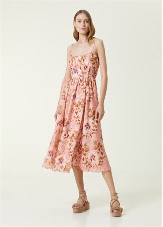 Zimmermann Kadın Pembe İnce Askılı Çiçekli Midi Keten Elbise 0 US